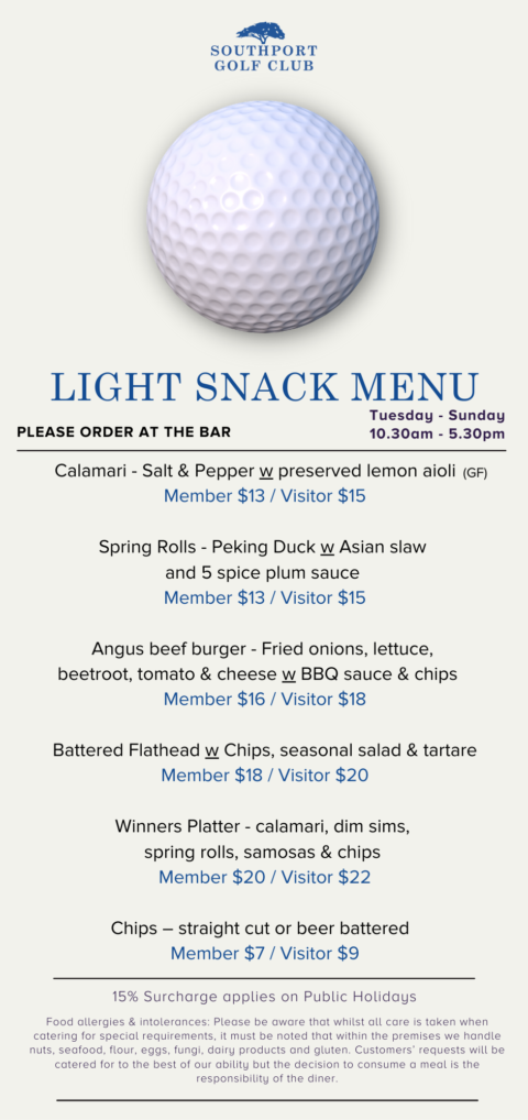 Snack Menu | Southport Golf Club